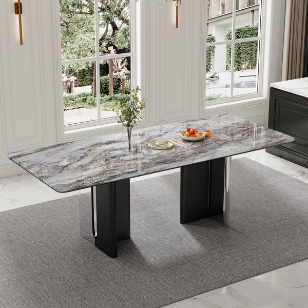 Orren Ellis Modern 78.7" Dining Table, Glossy Sintered Stone Top, Stainless Steel Double Legs ...
